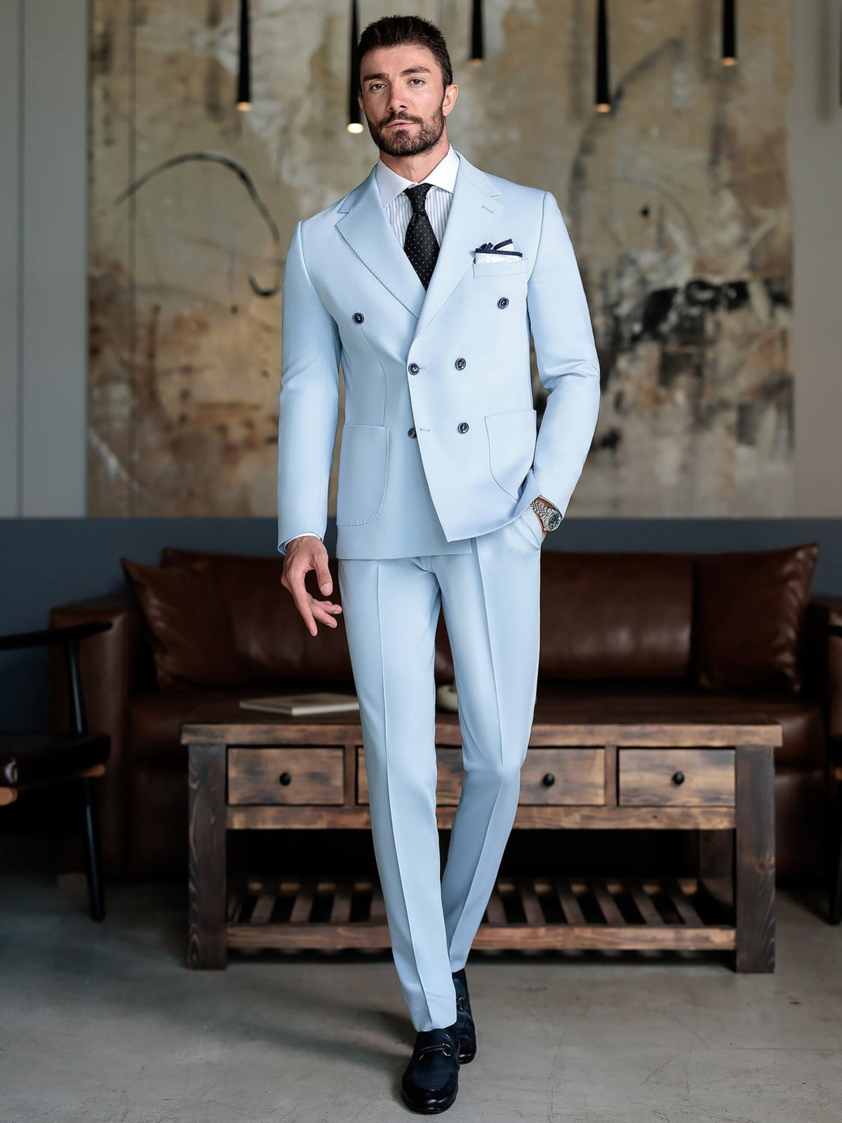 Sky Blue Double Breasted Wedding Suit 2-Piece | VIOSSI