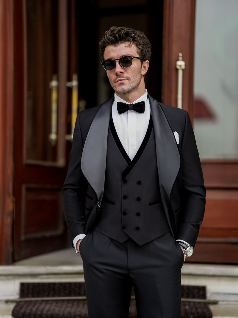 Black Slim Fit Double Breasted Tuxedo 3-Piece | VIOSSI