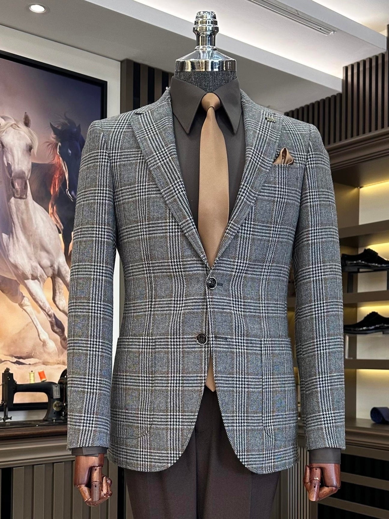 Men Double Breasted Blazer Grey Plaid Single | VIOSSI