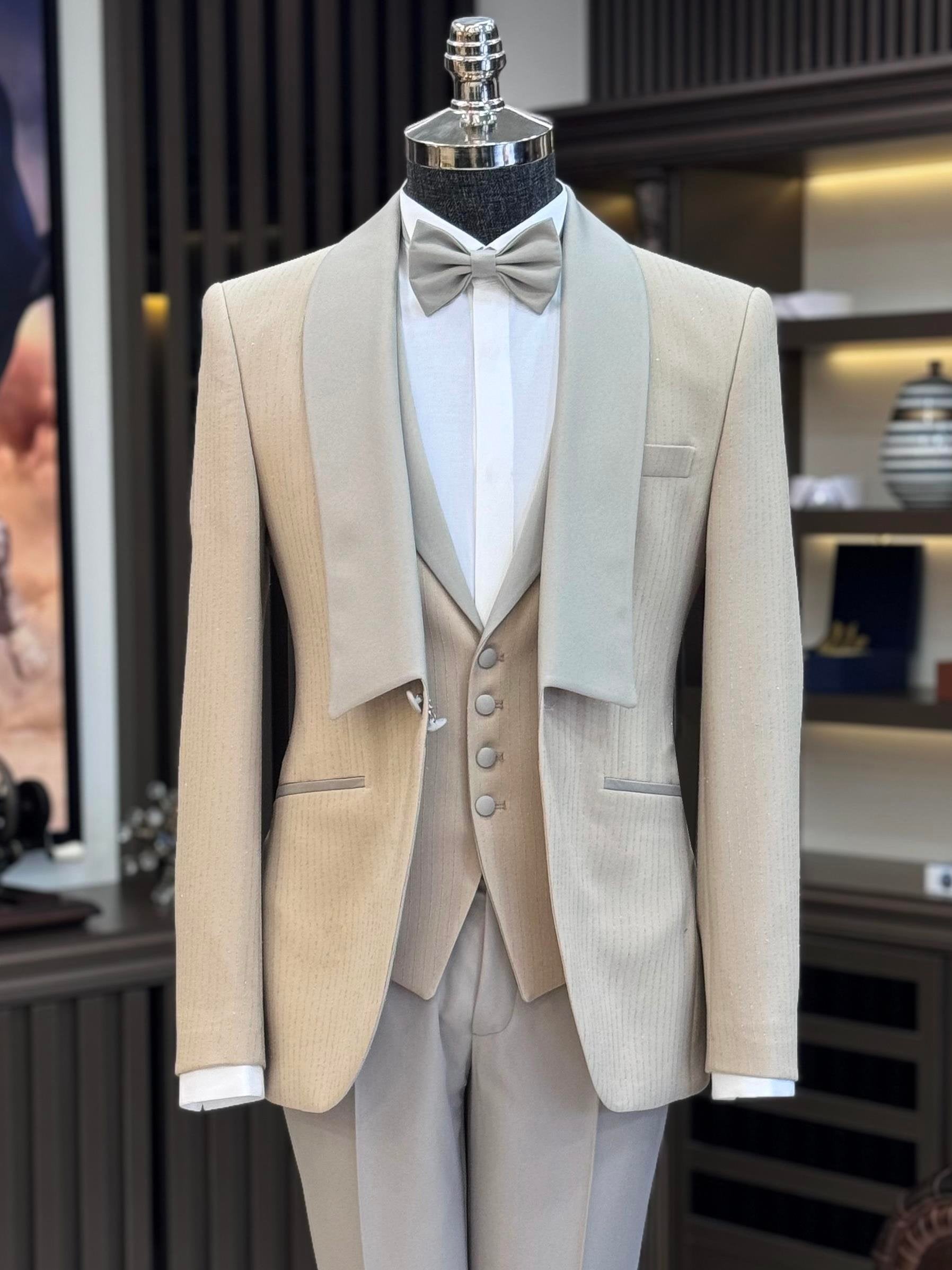 Beige 3 Piece Double Breasted Tuxedo Slim-Fit | VIOSSI