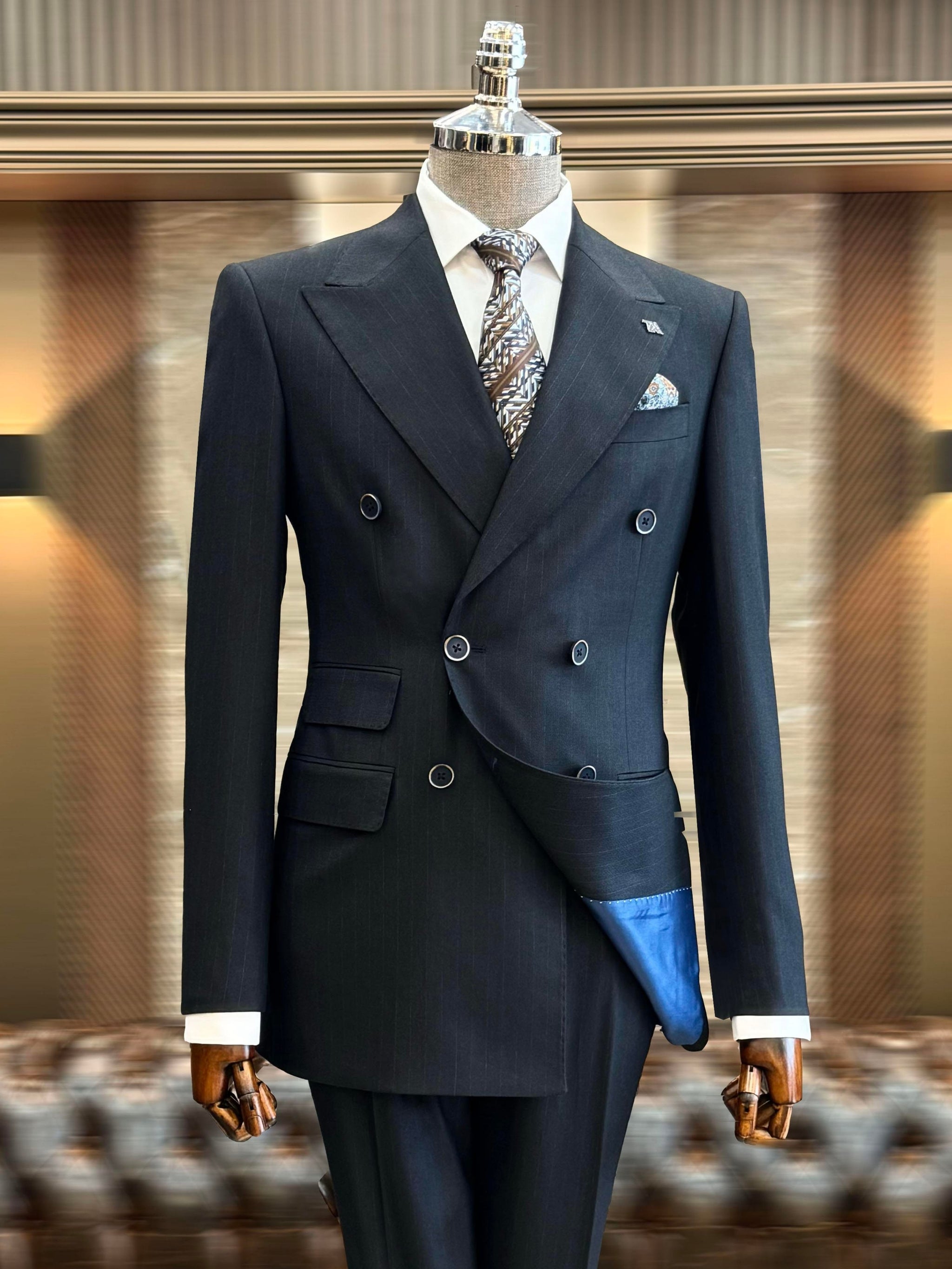 Navy Striped Double Breasted Suit - Italian | VIOSSI