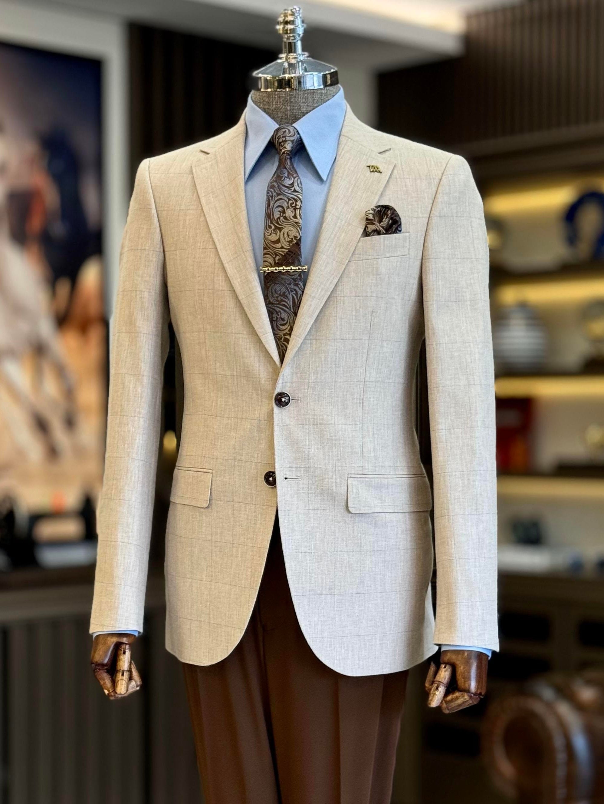 quality Beige Plaid Men's Blazer | VIOSSI
