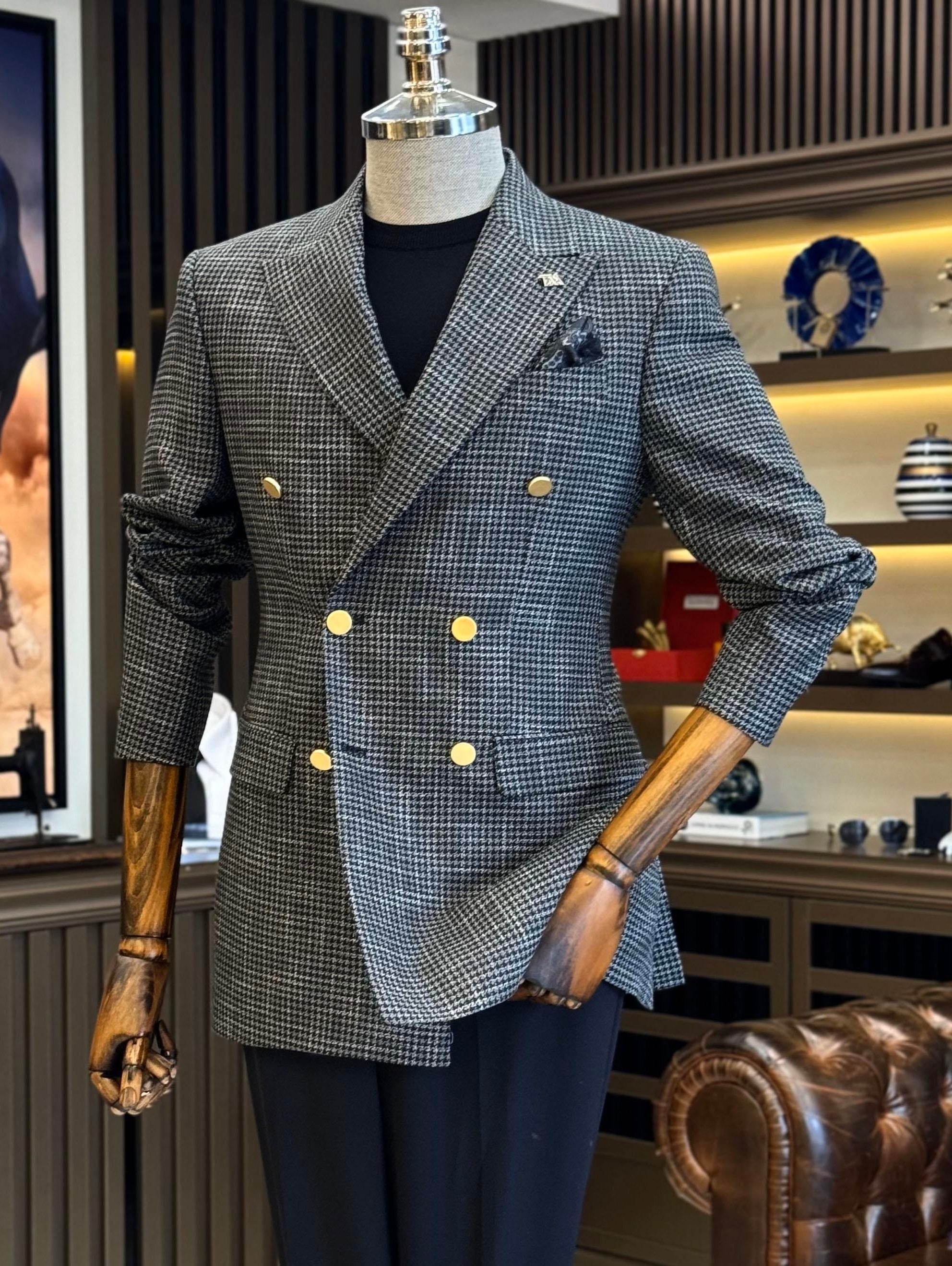 Men Double Breasted Blazer Grey Suit Jacket | VIOSSI