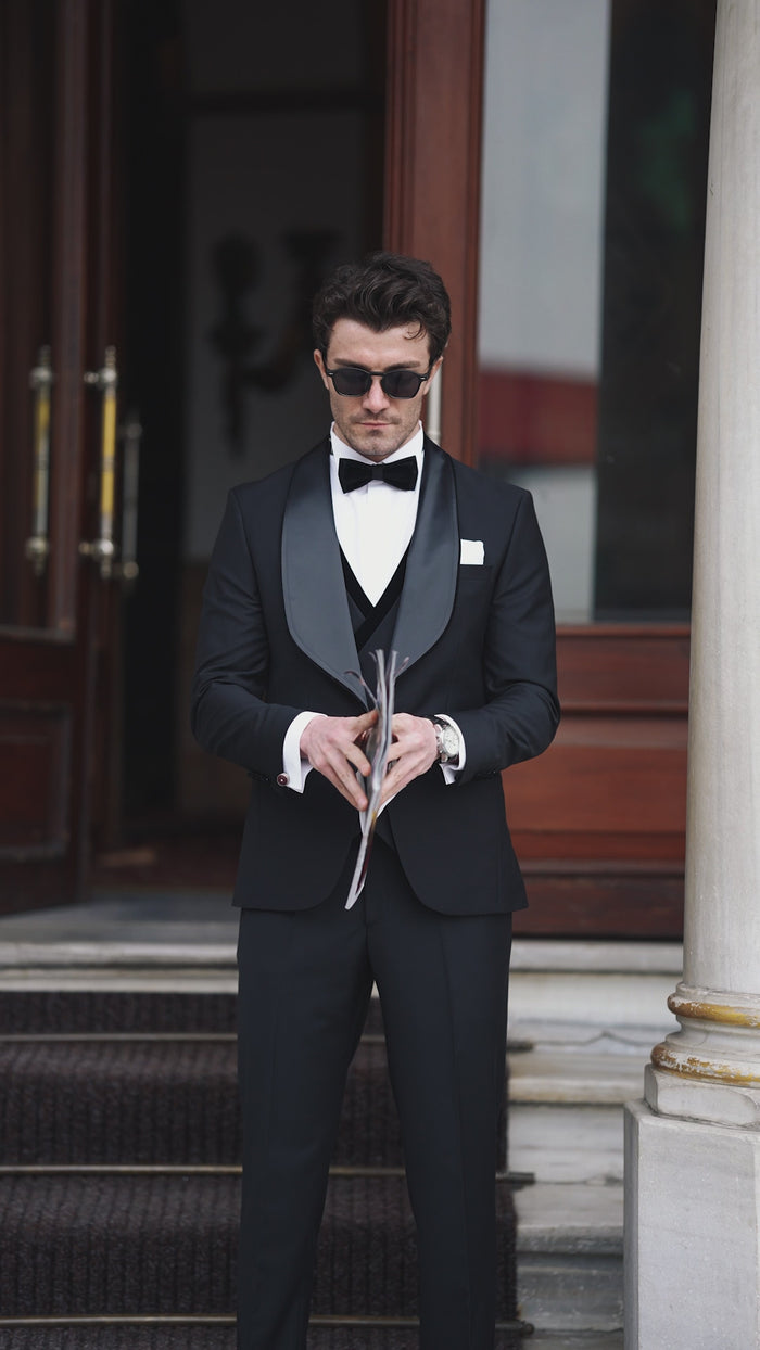 Black Slim Fit Double Breasted Tuxedo 3-Piece | VIOSSI
