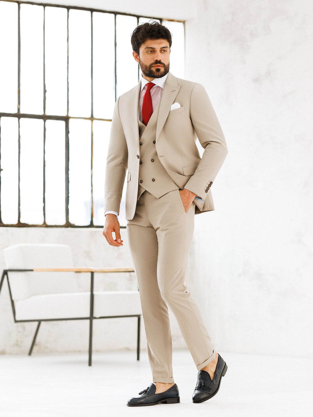 Beige Slim-Fit Suit 3-Piece