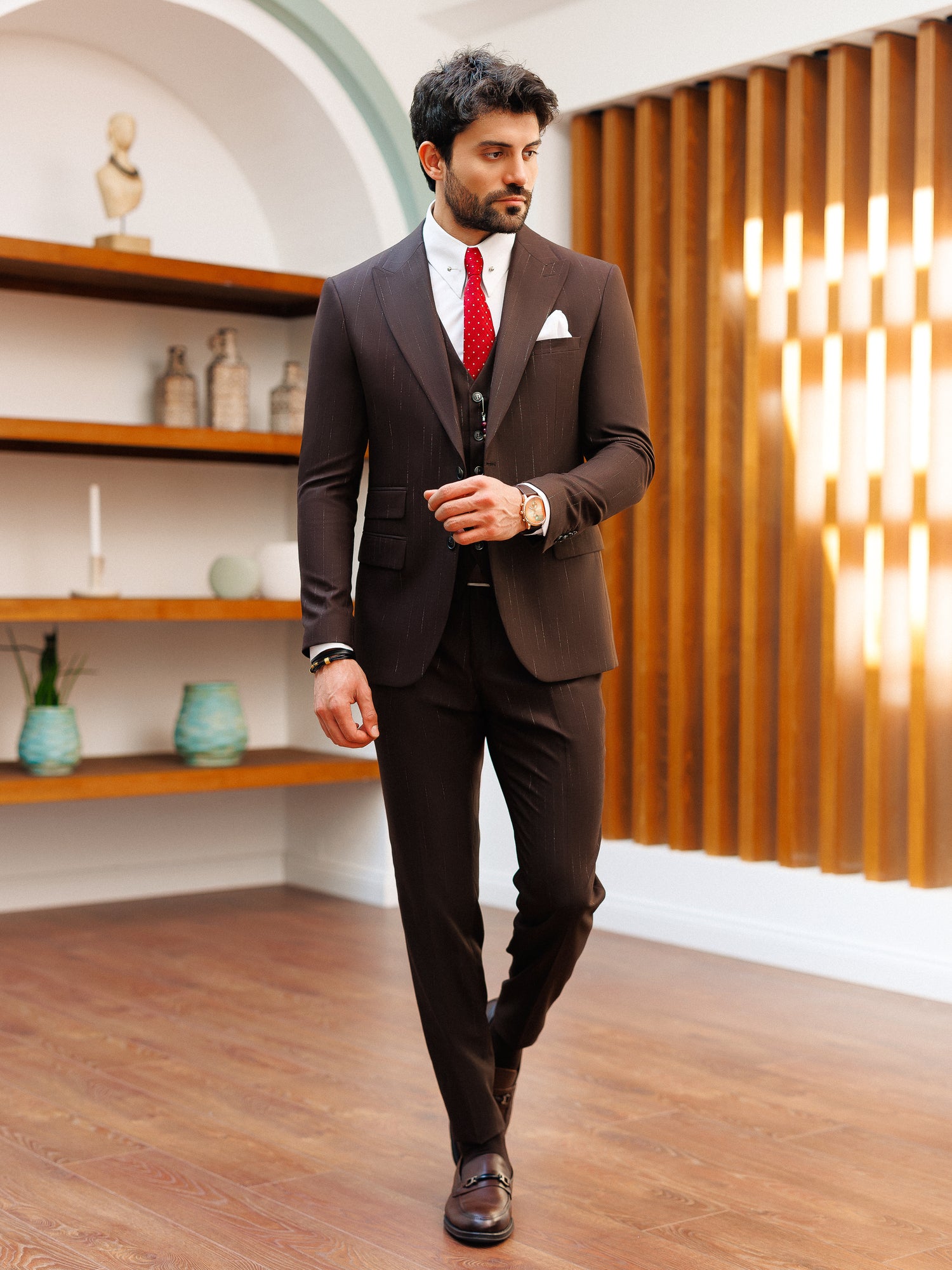 Brown Striped Italian Style Slim-Fit Suit | VIOSSI