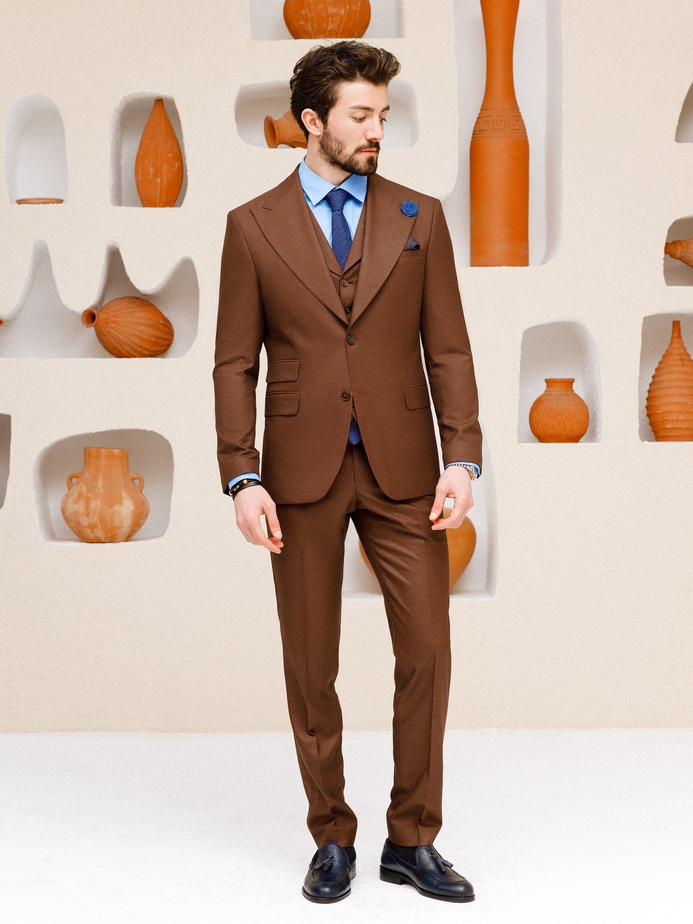 Brown Plaid Slim-Fit Suit 3-Piece